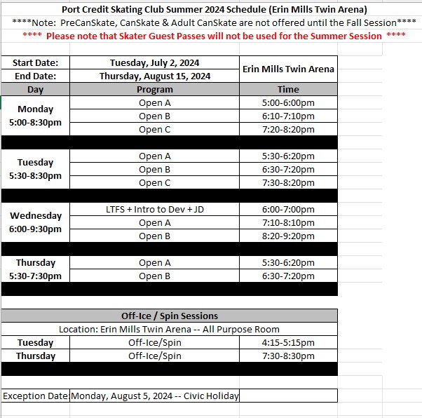 Summer 2024 Schedule @ Erin Mills Twin Arena :: PORT CREDIT SKATING CLUB
